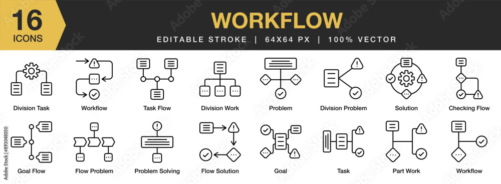 Set of 16 Workflow icon set. Editable Stroke Icon Collection. Includes ...