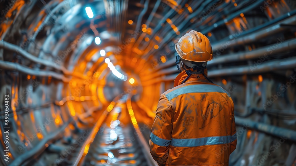Worker in Illuminated Underground Tunnel. Construction worker in orange ...