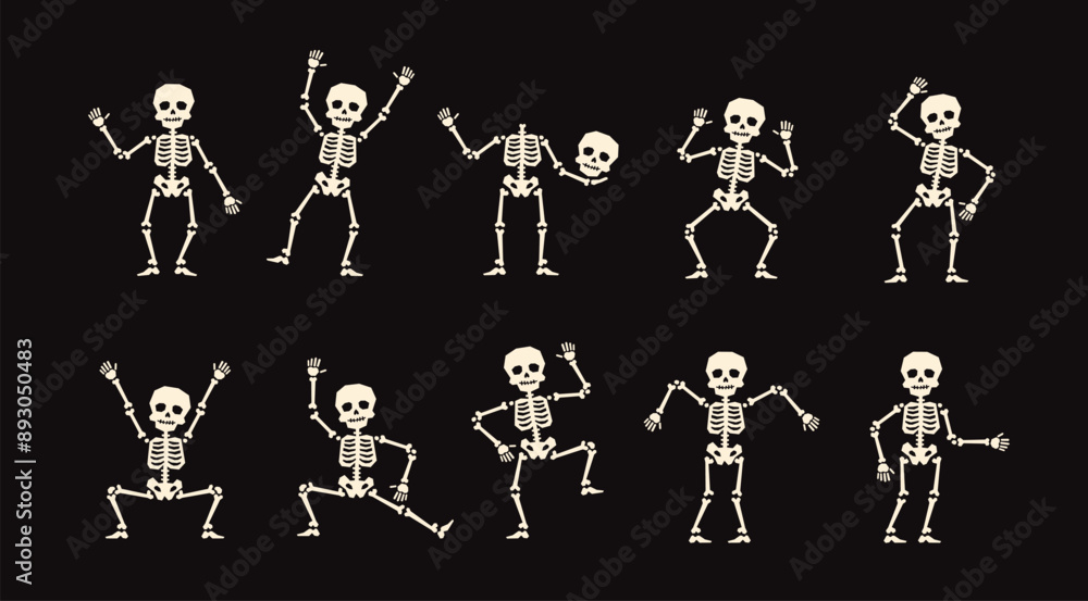Skeleton dance. Dancing Halloween skeleton characters groove in eerie ...