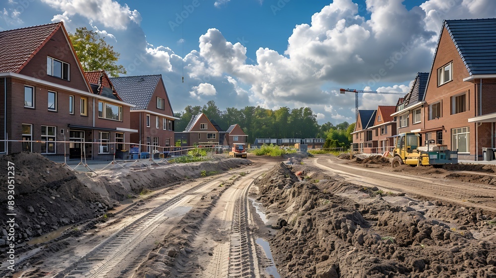 construction site of a new Dutch Suburban area with modern family ...