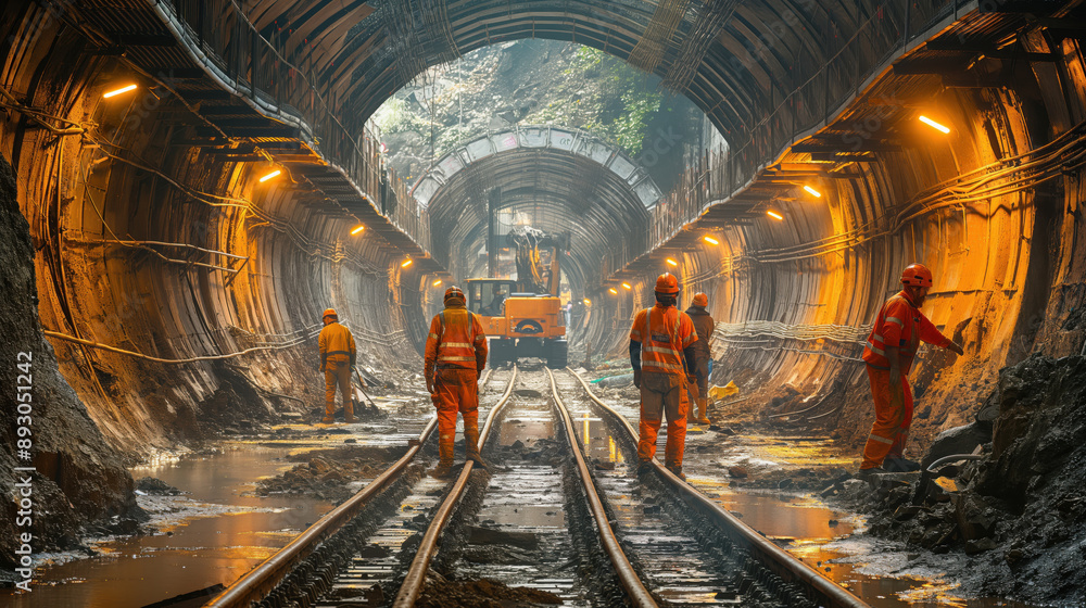 Foto de Workers in Flooded Mining Tunnel. Workers in orange safety gear ...