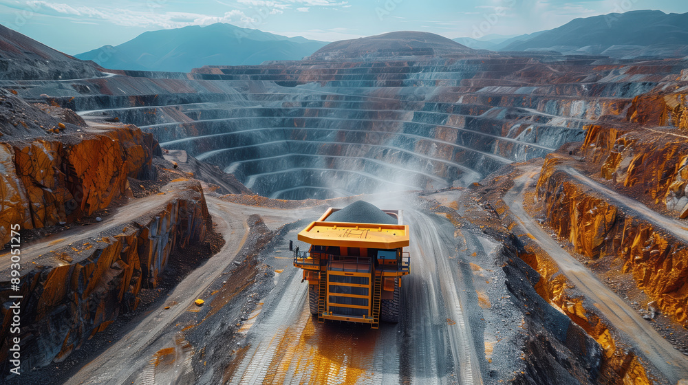 Terraced Open-Pit Mine with Mining Truck. Terraced open-pit mine with a ...