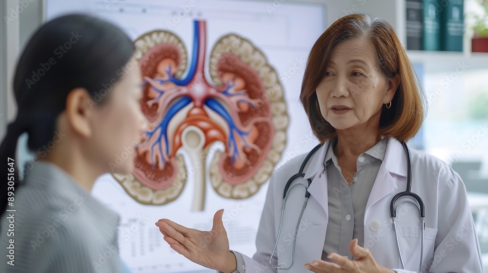 Caucasian woman and elderly Asian woman discuss kidney model issues ...