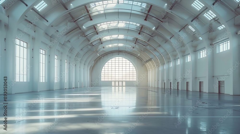 Huge empty industrial warehouse building White interior Hemispherical ...