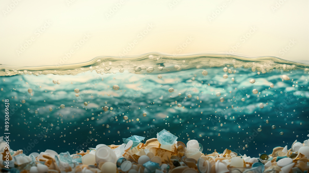 Microplastics Floating in Ocean Water. Close-up of microplastics less ...