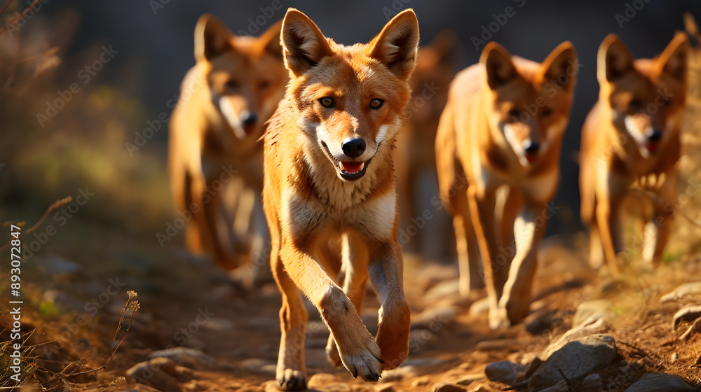 A Pack of Dholes (Asiatic Wild Dogs) Roaming Freely in Their Natural ...