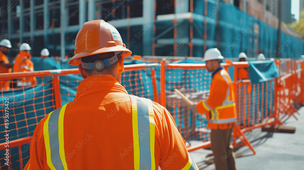 A group of hard hat-wearing workers setting up temporary fencing and ...