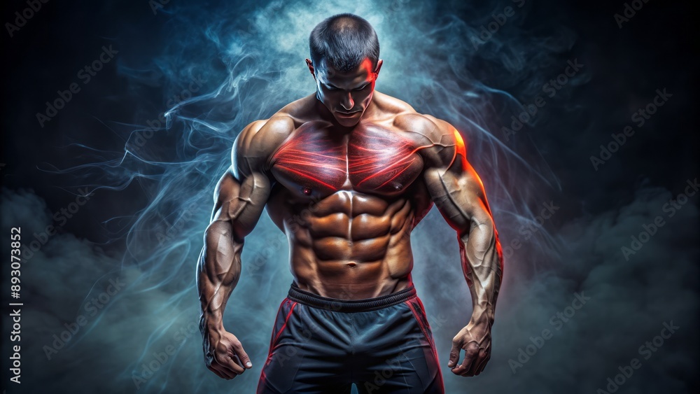 Dark background highlights ripped muscular back silhouette of a ...