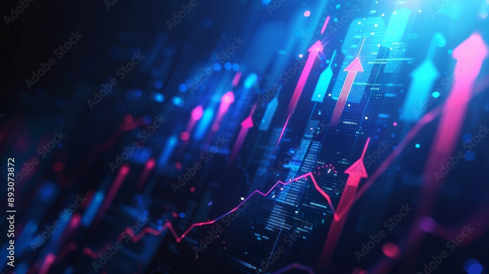 Blue stock market graph with upward arrows on dark blue background ...