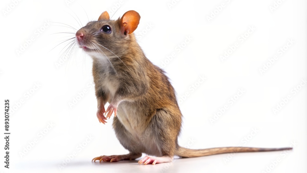 Isolated brown rat standing upright on hind legs against plain white ...