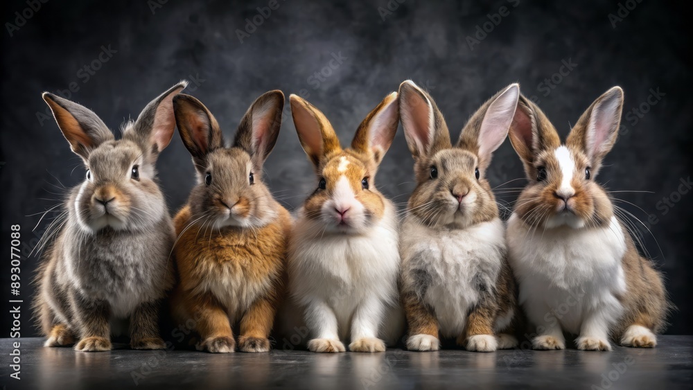 Six adorable rabbits of varied breeds stand in a row, showcasing unique ...