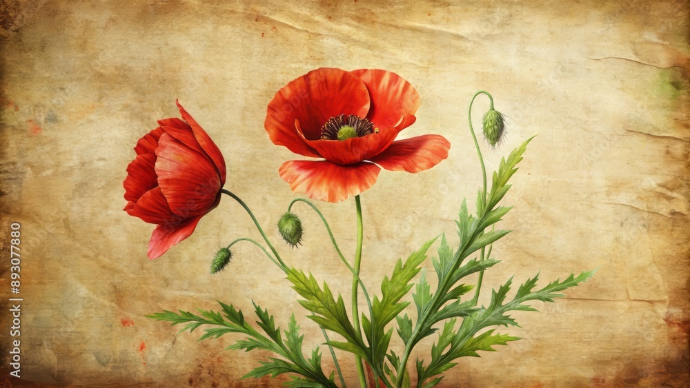 Distressed, faded vintage paper featuring a beautiful, bold red poppy ...