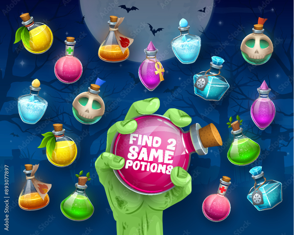 Find two same Halloween magic witch potion bottles. Difference spotting ...