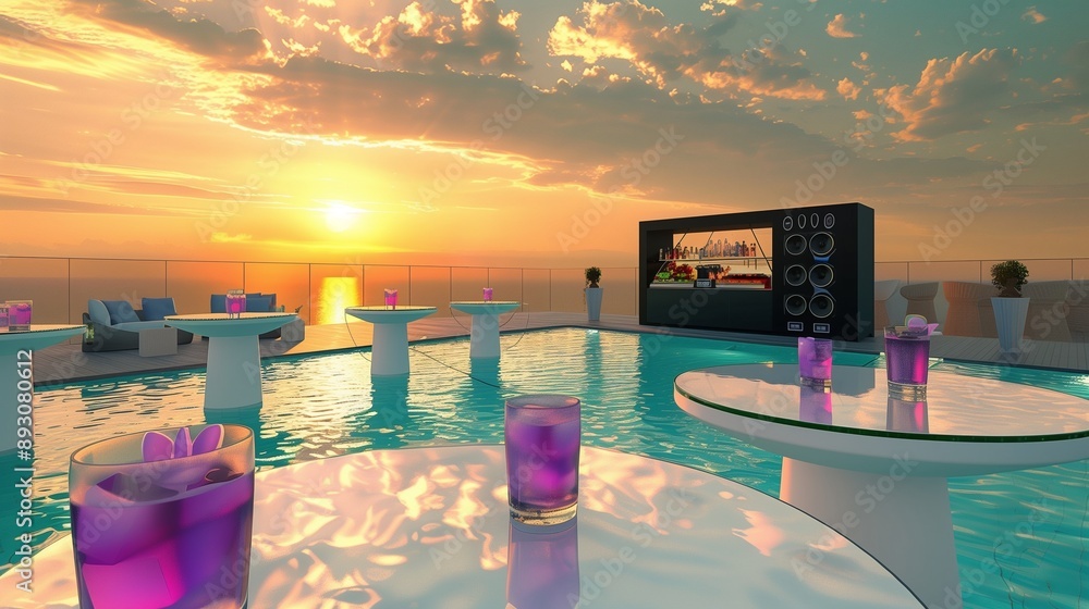 Minimalist pool party setup featuring white glass tables, purple ...