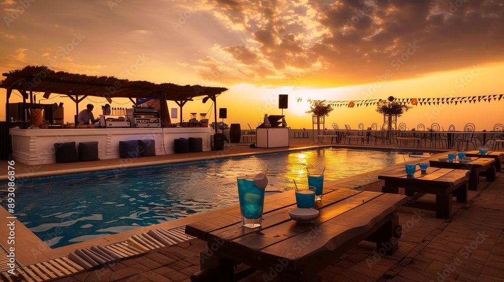 Refined pool party setup with dark brown rustic benches, blue cocktails ...