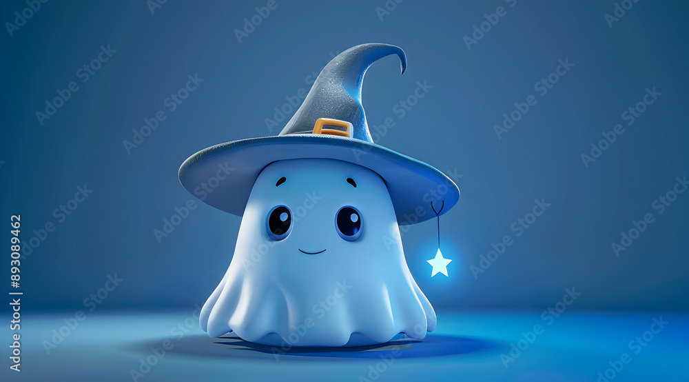 Cute cartoon ghost with a wizard hat and glowing blue star, perfect for ...