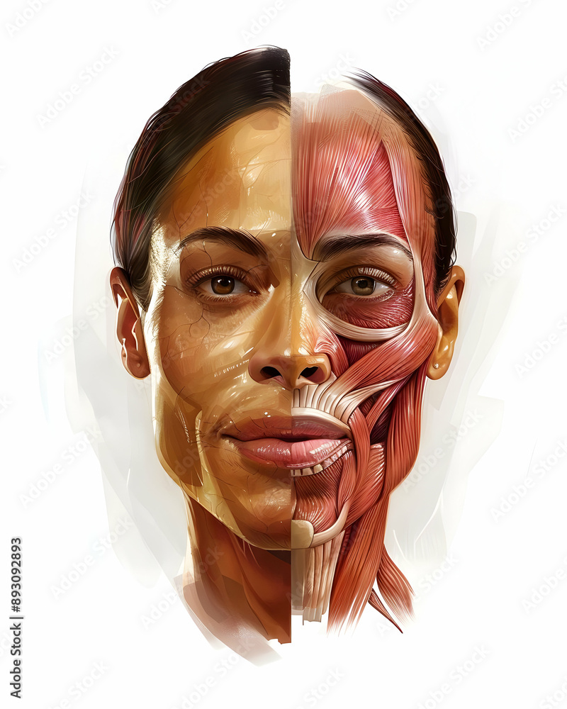 Detailed anatomical illustration featuring a split view of a human face ...
