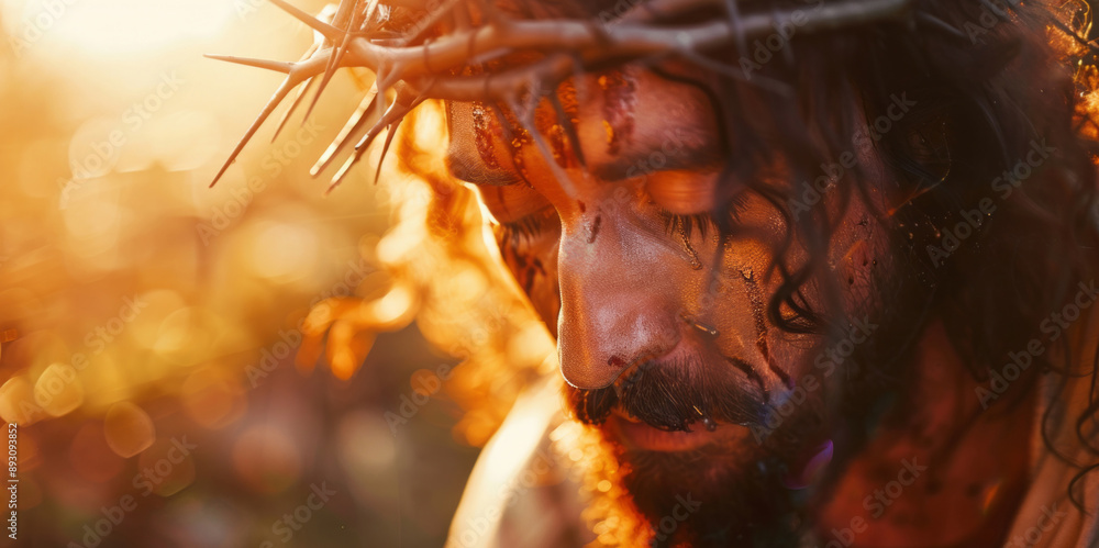 Jesus carries the cross with a crown of thorns on his head, in golden ...