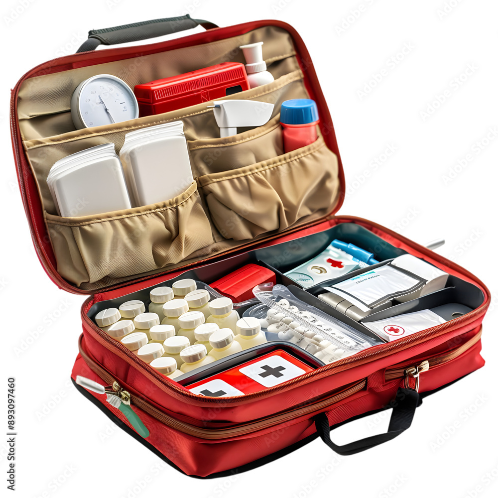 first aid kit open with visible medical supplies, representing ...