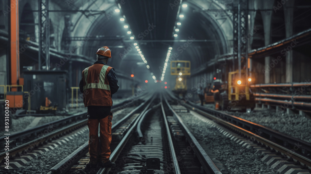A wearing crew performing maintenance on a high-speed train track. The ...