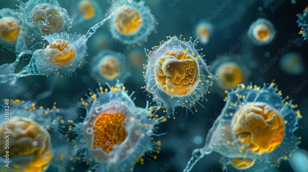 Microbial cells showcasing intricate structures under a microscope ...