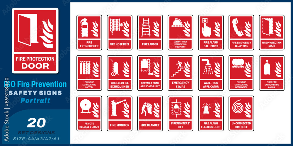 20 set ISO fire prevention safety signs v07 size a4/a3/a2/a1 Stock ...