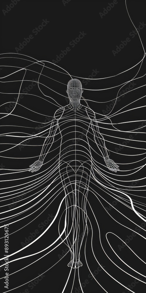 Silhouette of a human figure with no head, standing with rays emanating ...