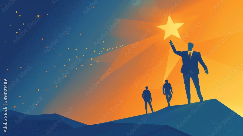 Leading his friends, a man points to the star, guiding them on a path ...