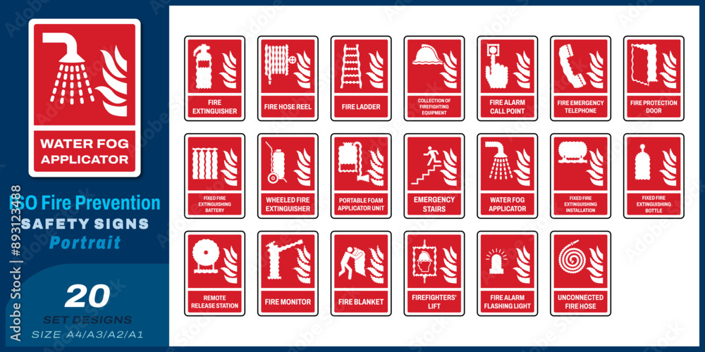 20 set ISO fire prevention safety signs v11 size a4/a3/a2/a1 Stock ...