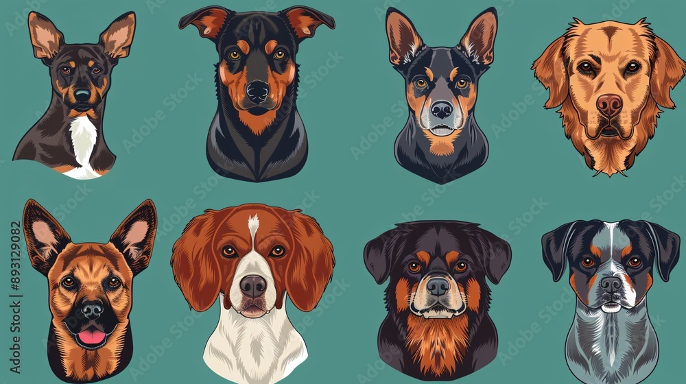 Eight dog breeds are featured in this digital illustration. Each dog ...