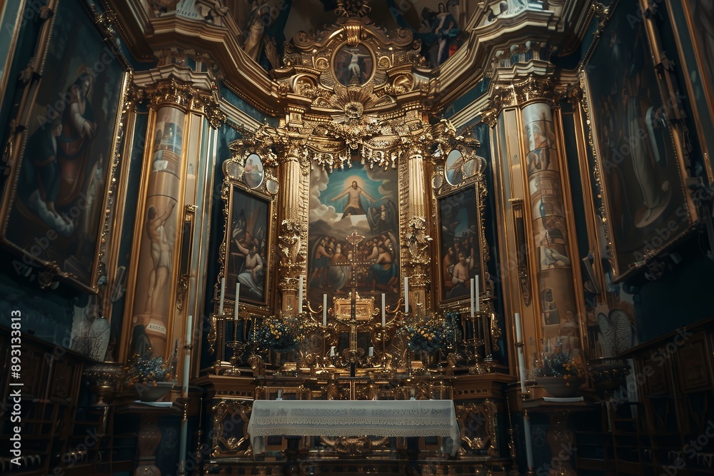 a golden and ornate baroque church altar with paintings of the last ...