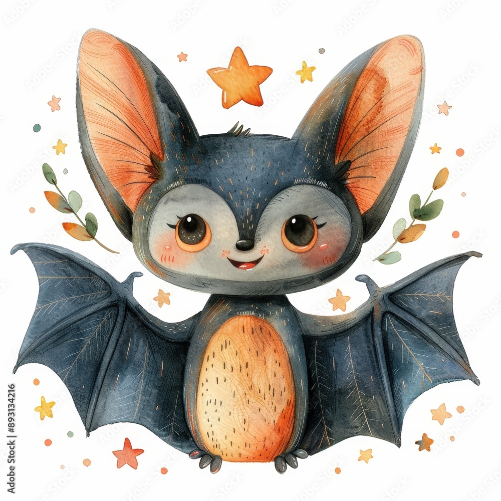 Adorable bat with a cheerful grin, flying around tiny stars, Single ...