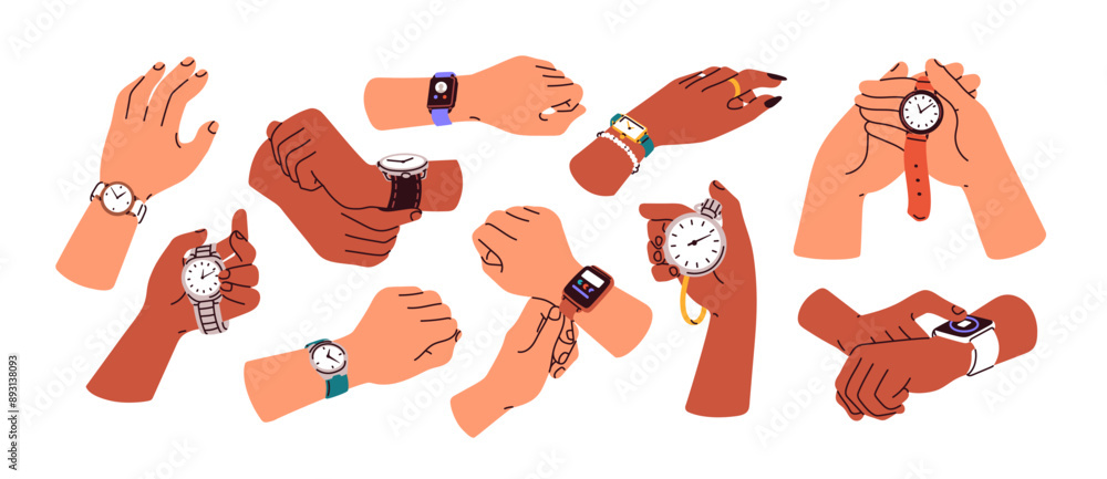 Watches on hands set. Holding wristwatch, checking time, looking at ...
