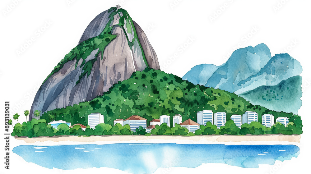 Watercolor illustration of Sugarloaf Mountain in Rio de Janeiro iconic ...