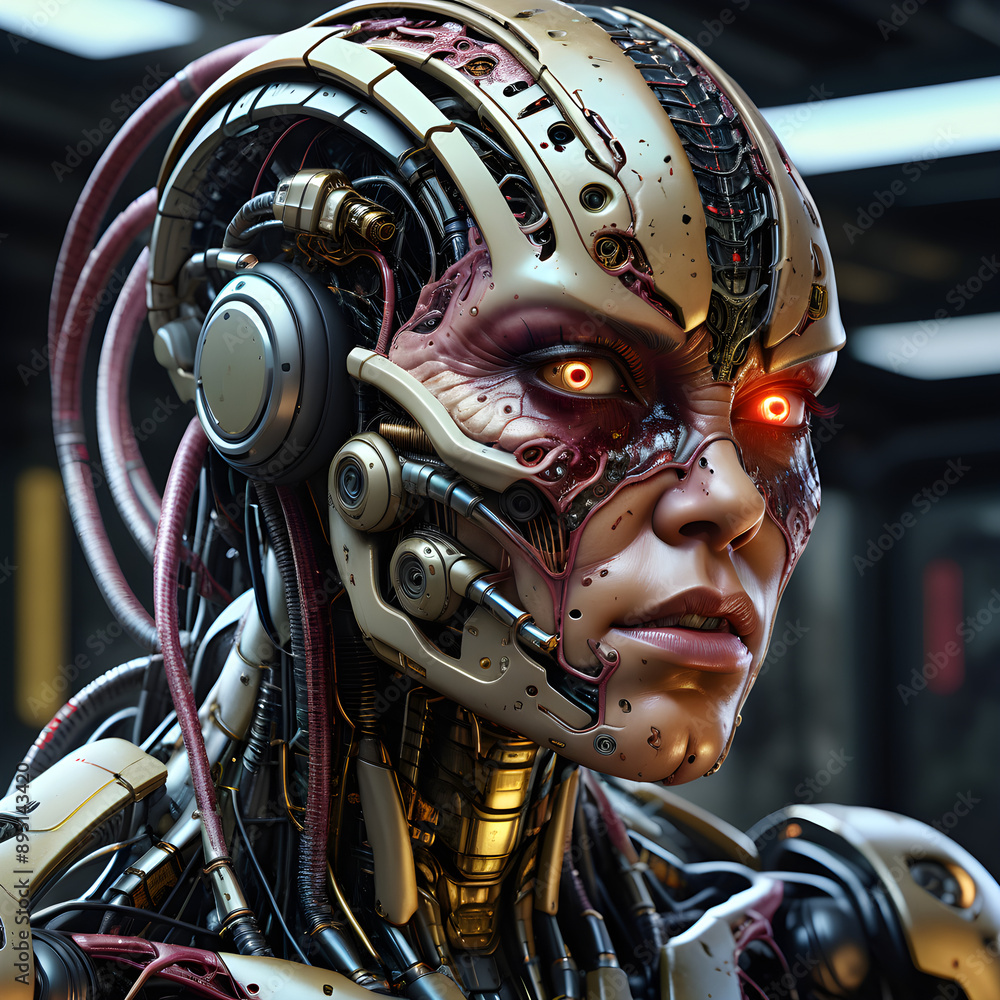 In the realistic portrait, you can see a damaged female mech-monster ...