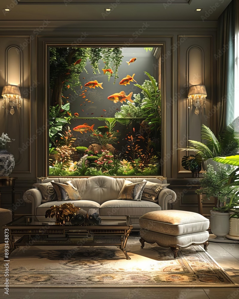 Living room with Feng Shui fish tank, attracting wealth, 3D visualization, [Feng Shui living ...