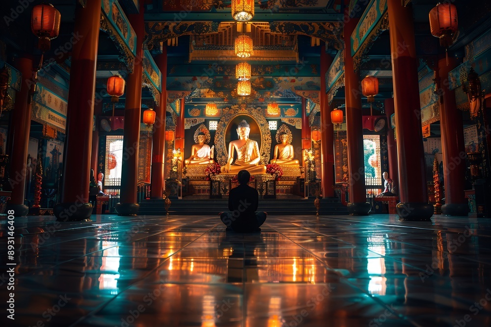 A person kneeling and praying in front of the Buddha statue inside a ...