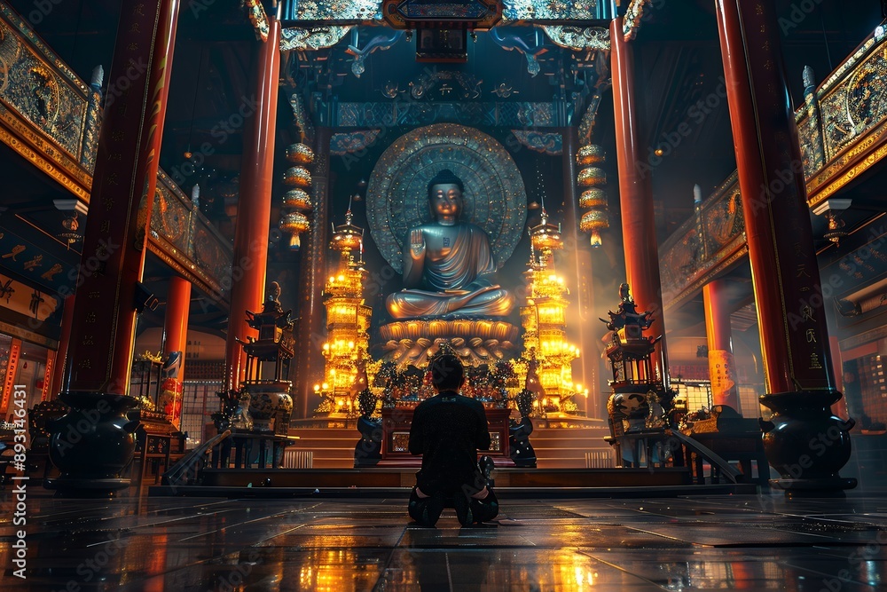 A person kneeling and praying in front of the Buddha statue inside a ...