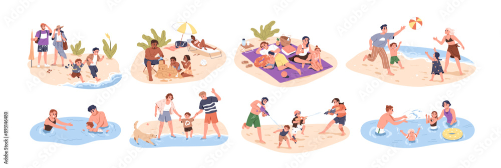 Family activities, beach vacation. Happy parents, children at sea ...
