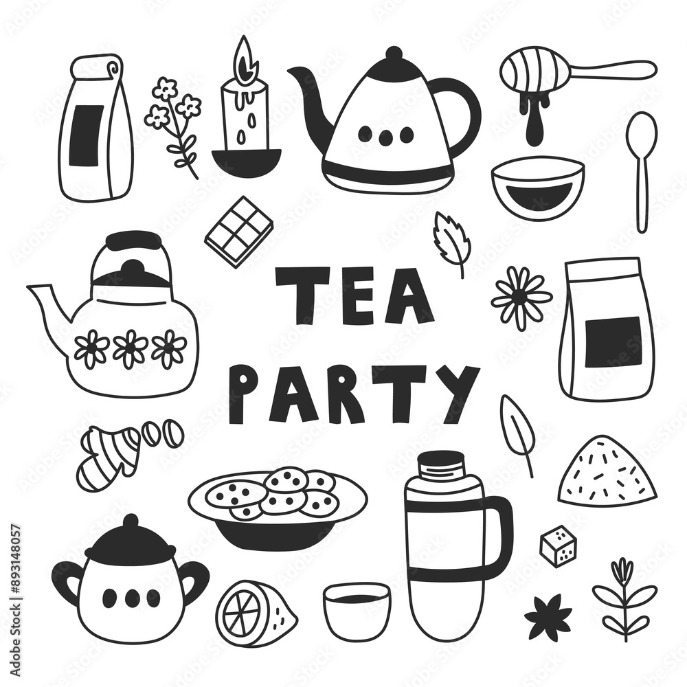 Tea Party Doodle Elements Set. Hand drawn Hot Drinks and ingredients ...