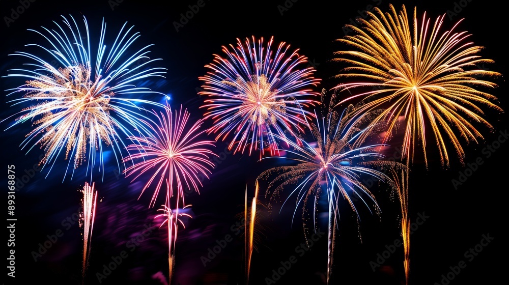 Dynamic burst of fireworks in various colors and shapes, capturing the ...