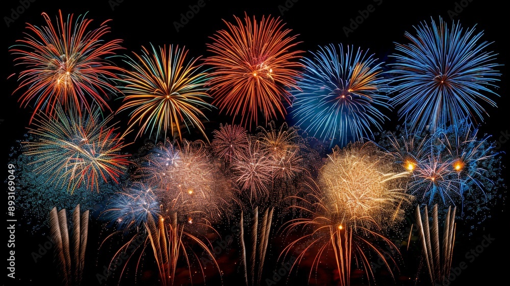 Bright and colorful fireworks with elaborate designs filling the sky ...