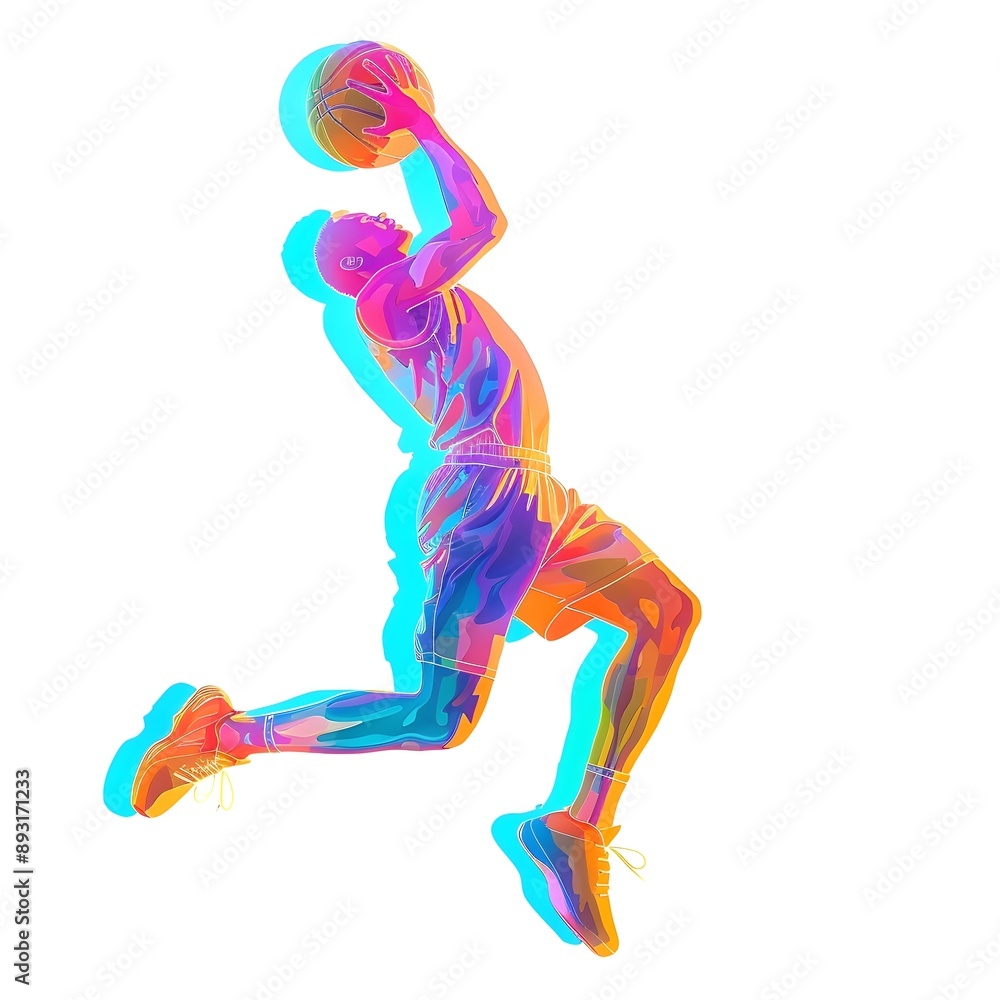 Dynamic multicolor silhouette of a basketball player dunking, captured ...