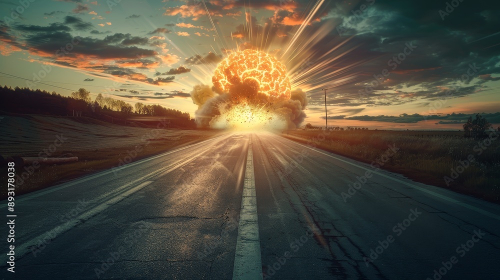 Asphalt road goes to a nuclear explosion. Terrible atomic explosion of ...