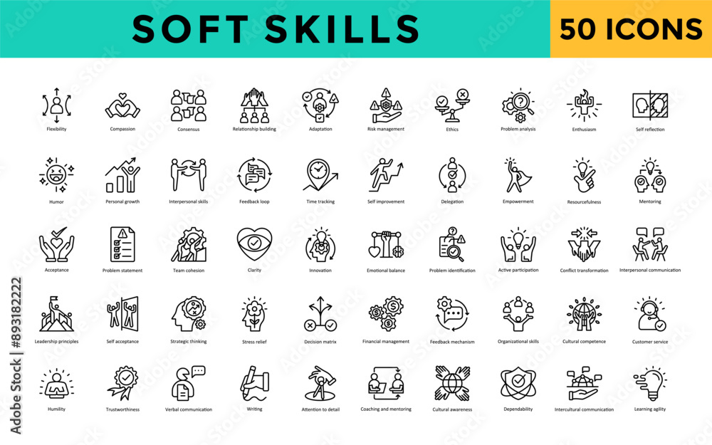 Soft skills icon set with flexibility, compassion, consensus ...