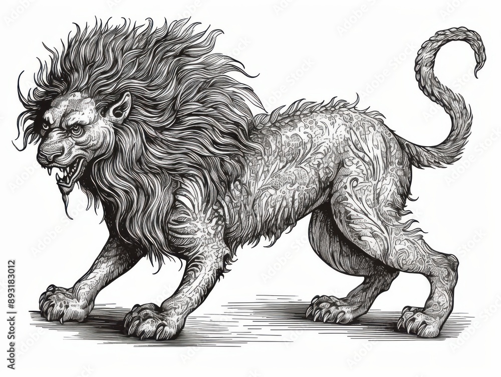 Black and white Vintage engraved art of a chimera isolated on white ...