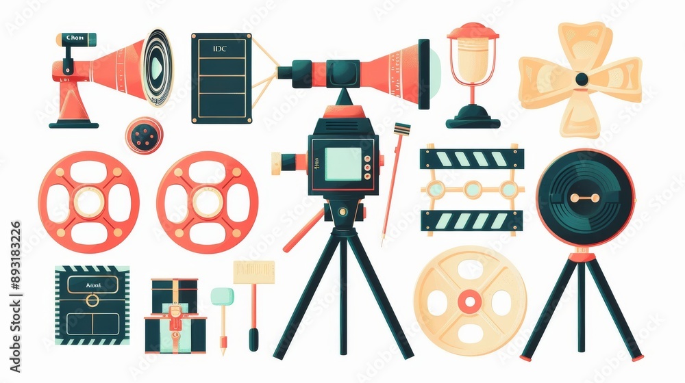 Filmmaking gear with camera, reels, director's chair, spotlight ...