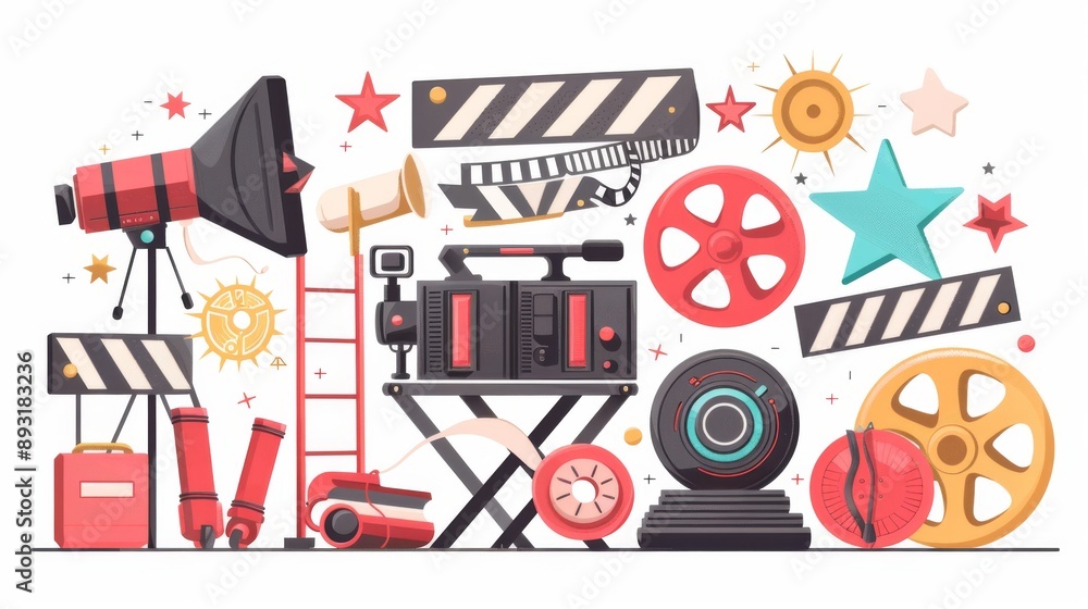 Filmmaking gear with camera, reels, director's chair, spotlight ...