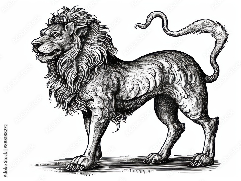 Black and white Vintage engraved art of a chimera isolated on white ...
