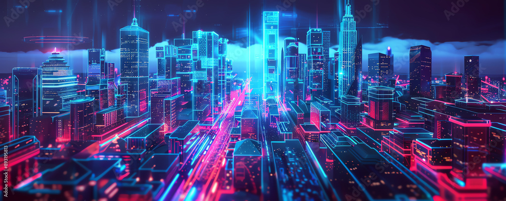 Futuristic business collaboration, holographic city overlay, neon ...